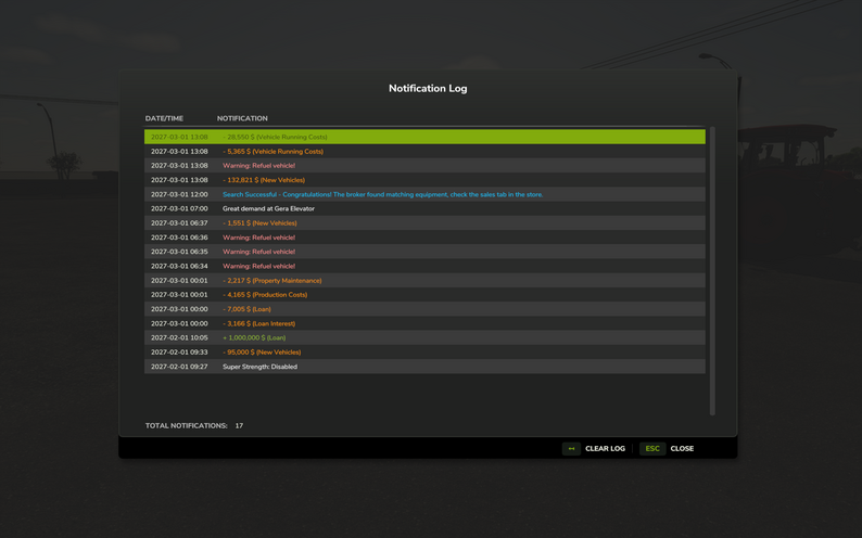 FS25 Notification Log by Ritter