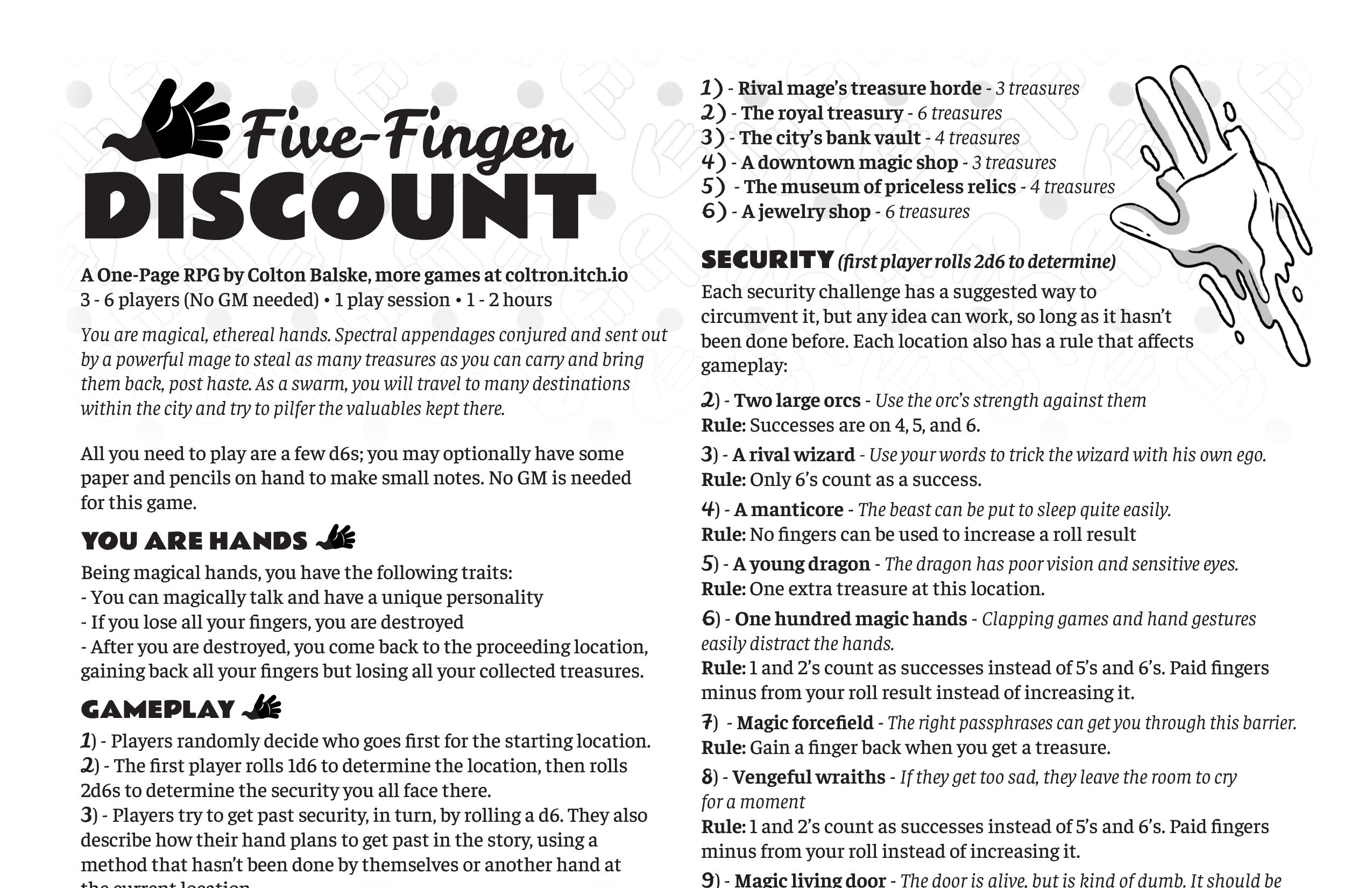 Five Fingered Discount - One Page RPG by Kraven's Keep
