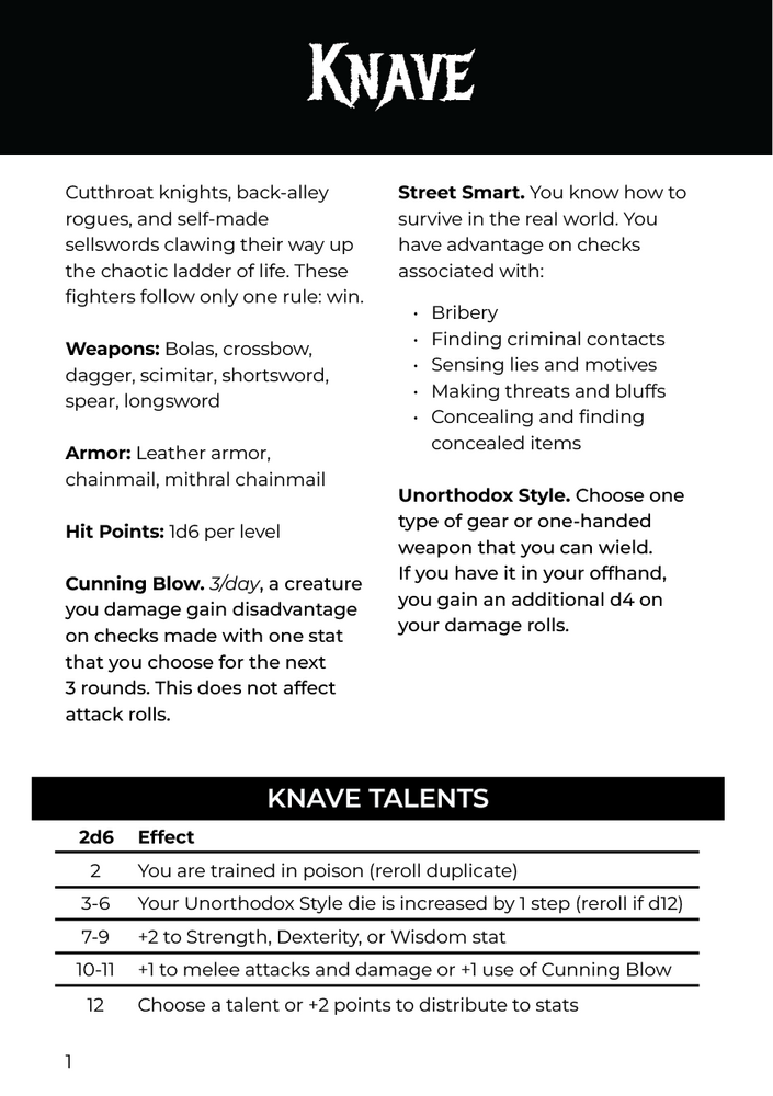 Knave Class for ShadowDark RPG by Southeast Sorcerer