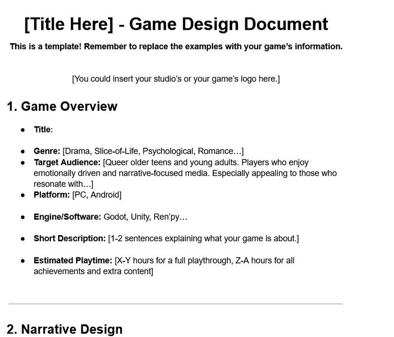 Game Design Document Template [For Narrative Games] by Meiri