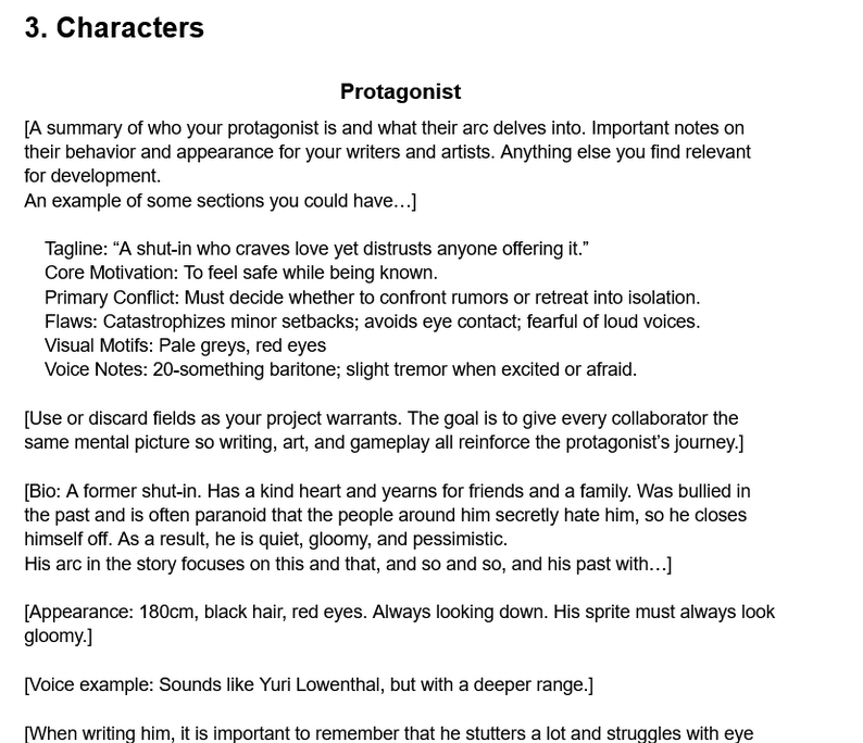 Game Design Document Template [For Narrative Games] by Meiri