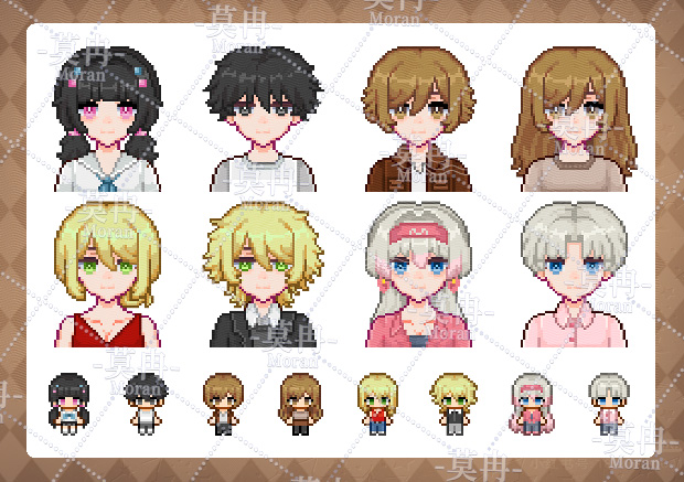 Casual character walking sprites and portraits by Moran