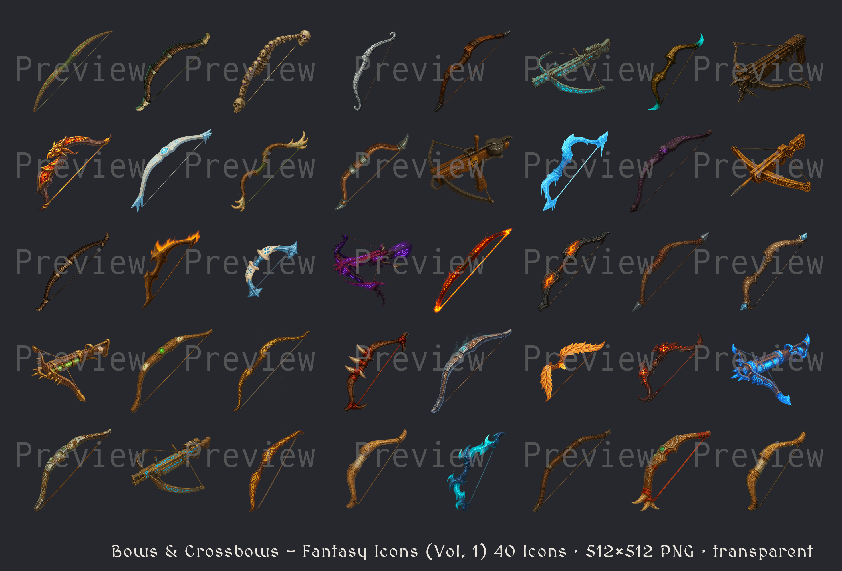 40 Bow & Crossbow Icons // Fantasy Style // PNG 512x512 // Bows ...