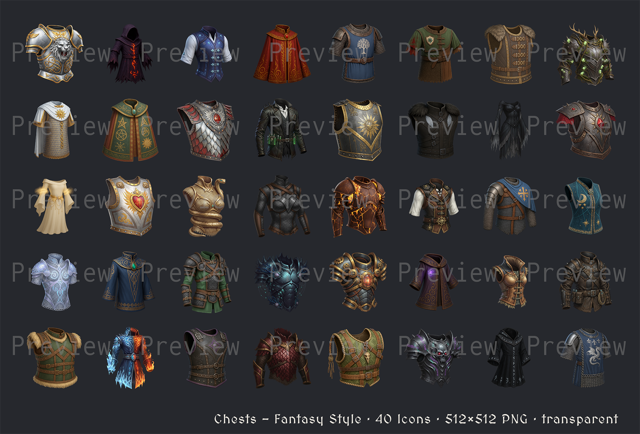 40 Chest Icons // Fantasy Style // PNG 512x512 by The Higalina Vault