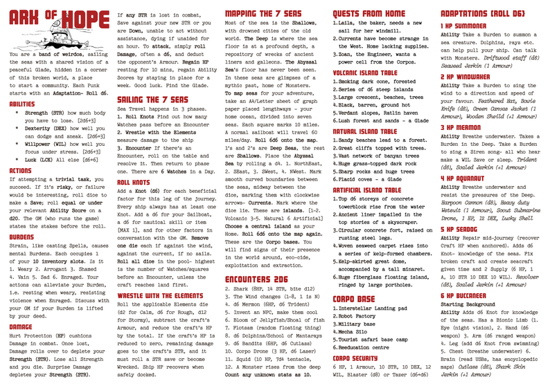 ARK OF HOPE ONE PAGE TTRPG by David Blandy