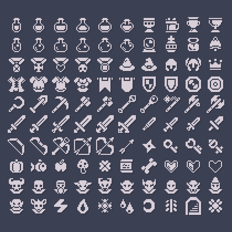 1-Bit Pixel Art RPG Icons by Snoblin