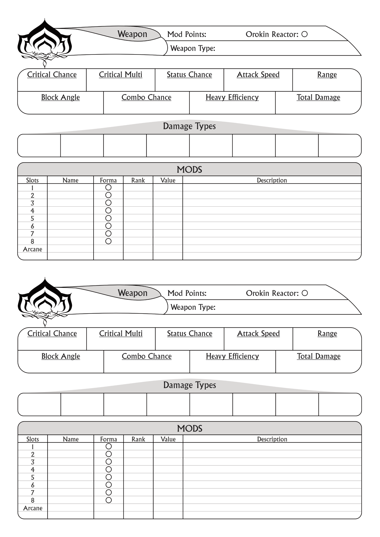 Warframe Tabletop RPG, Character Sheets by Theweejo