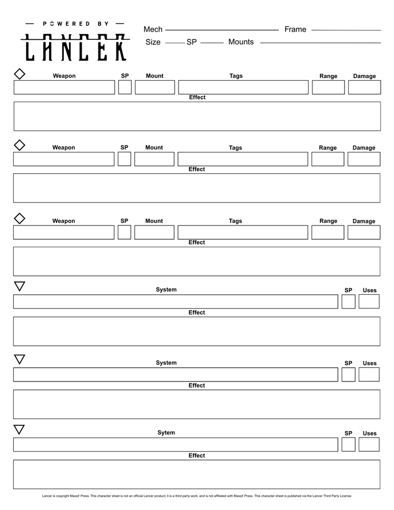Lancer Pen and Paper Character Sheet by ClericErr
