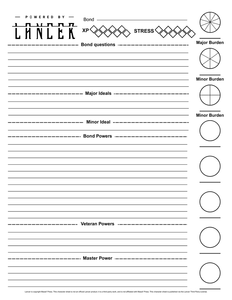 Lancer Pen and Paper Character Sheet by ClericErr