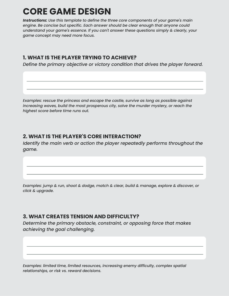 Core Game Design Template by The Modern Game Dev