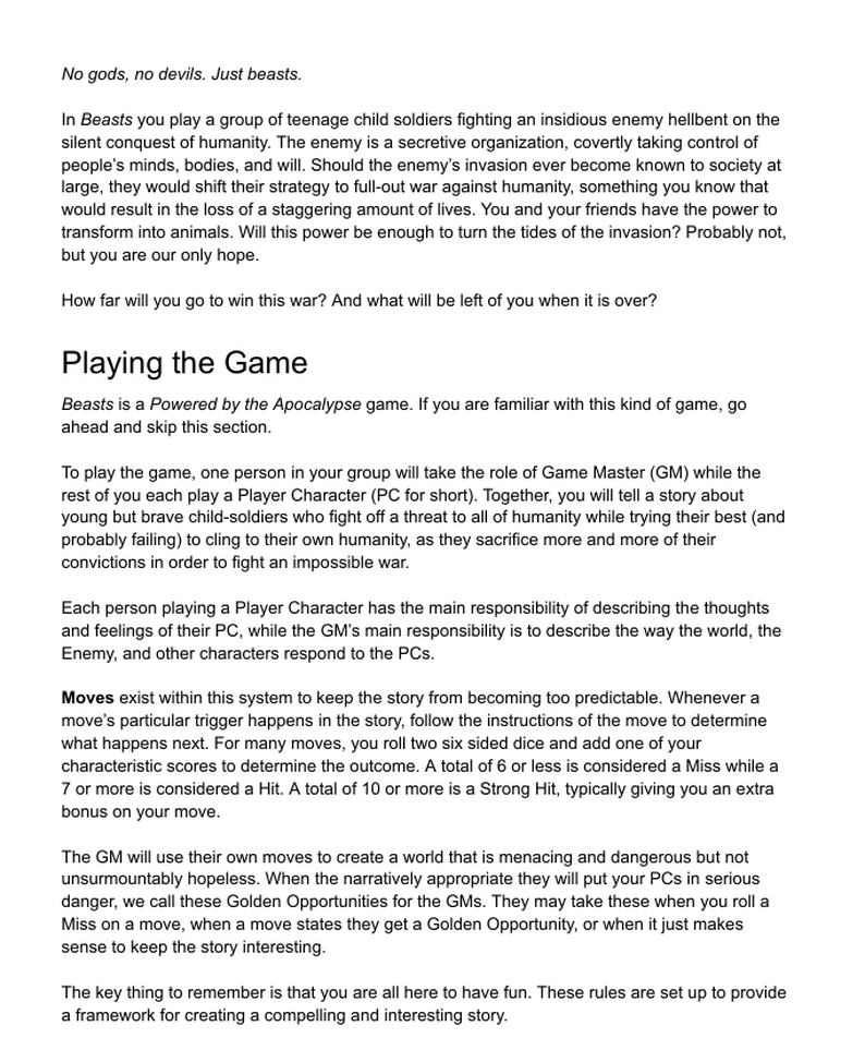 Beasts: Quickstart Rules by latinerd