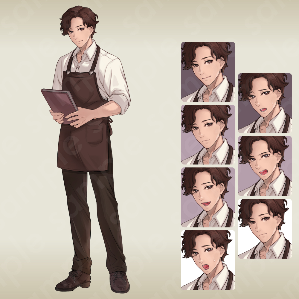 [Character Sprite] Gentle Brown-Haired Café Staff – Fluffy-Haired Male ...
