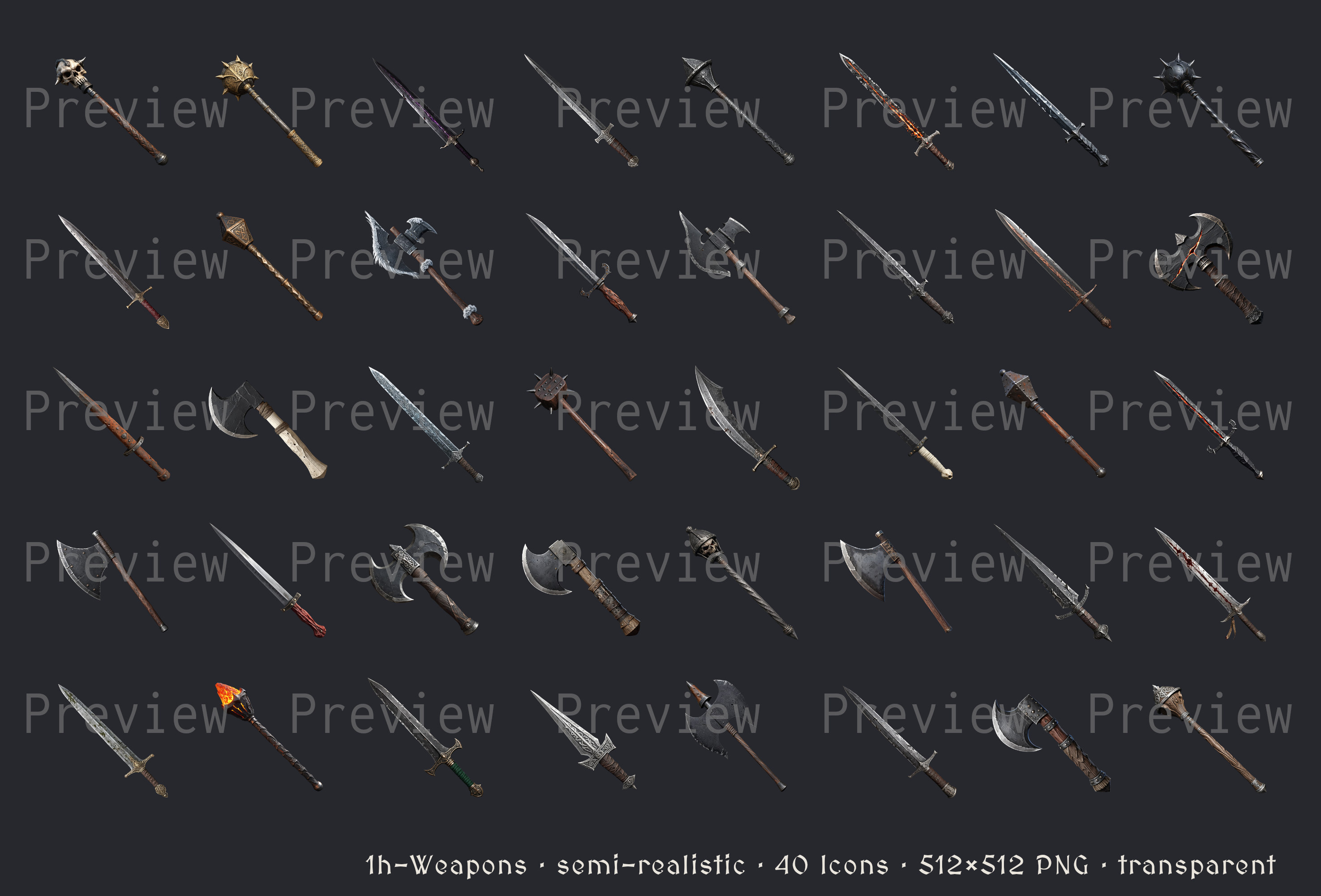 40 One-Handed Weapon Icons // Semi-Realistic Style // PNG 512×512 by ...