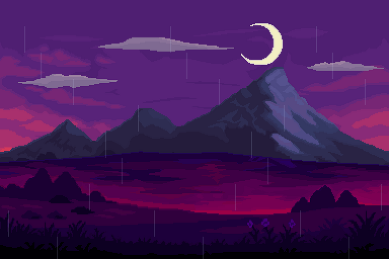 Purple Sky Lake Pixel Parralax Background (with Rain Animation) by Clow