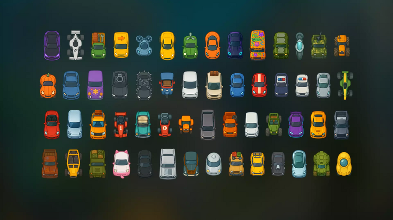 Top-Down Cartoon Cars Pack 2D Vehicle Sprites Racing Game Assets by babkagd