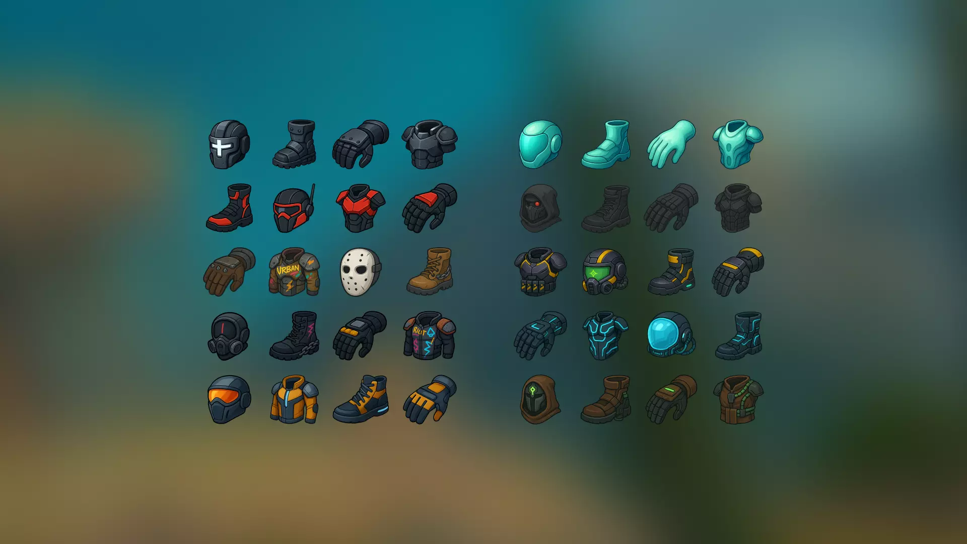 Cartoon armor icons pack sci-fi rpg equipment helmets gloves boots ...