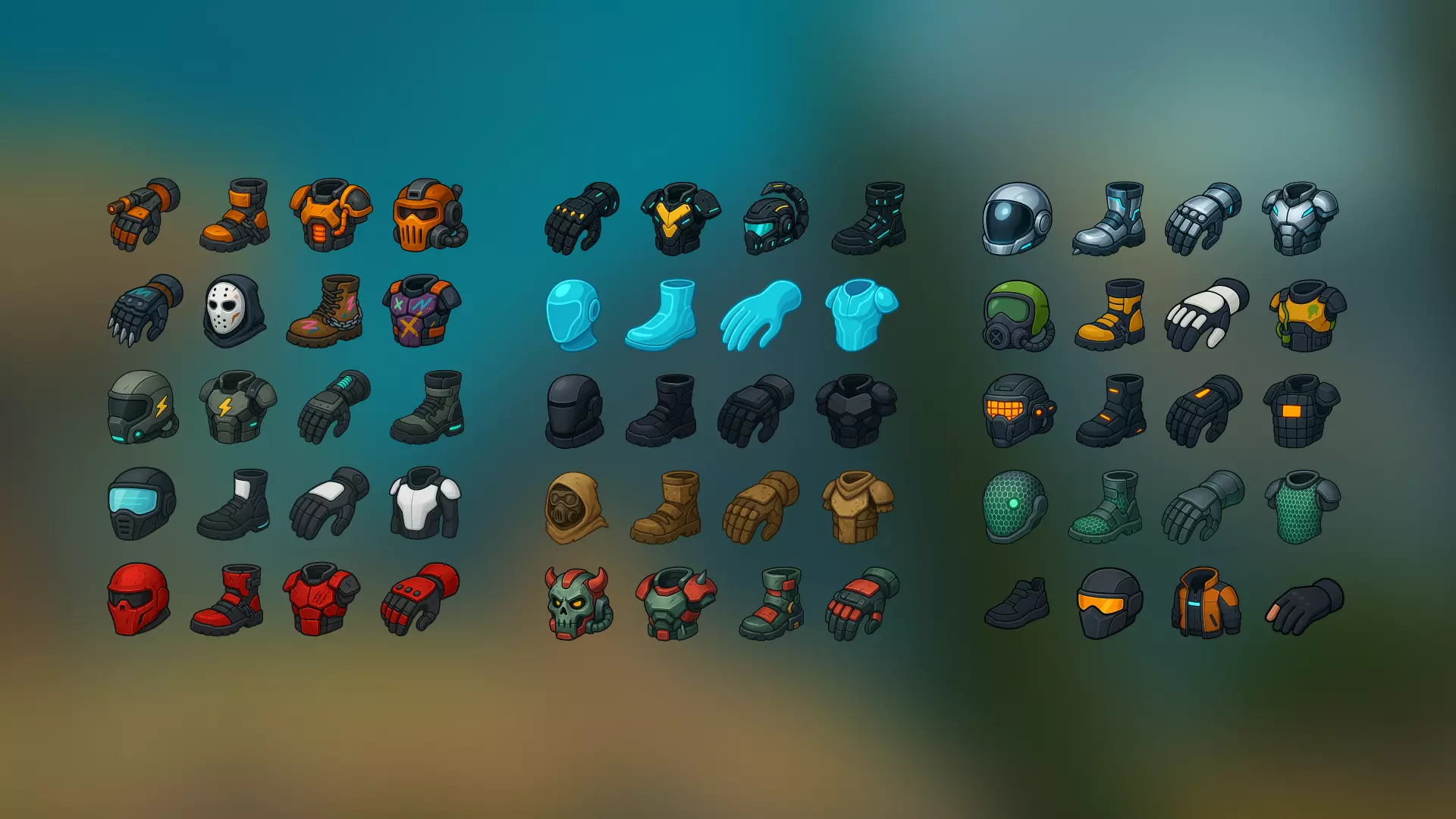 Cartoon armor icons pack sci-fi rpg equipment helmets gloves boots ...