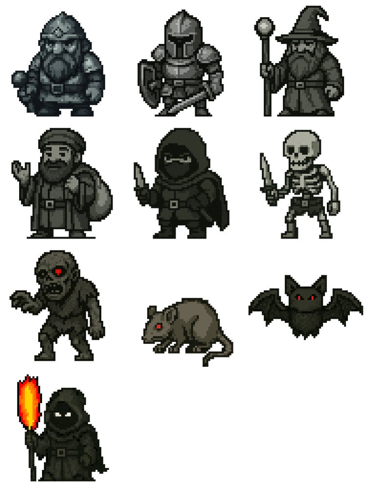 Retro Dungeon — 10 Grayscale 64x64 character 8-bit by NinjaGame_Dev