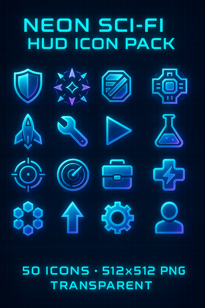 Neon Sci-Fi HUD Icon Pack — 50 Premium Futuristic UI Icons (512×512 PNG) by ExcaliburDad