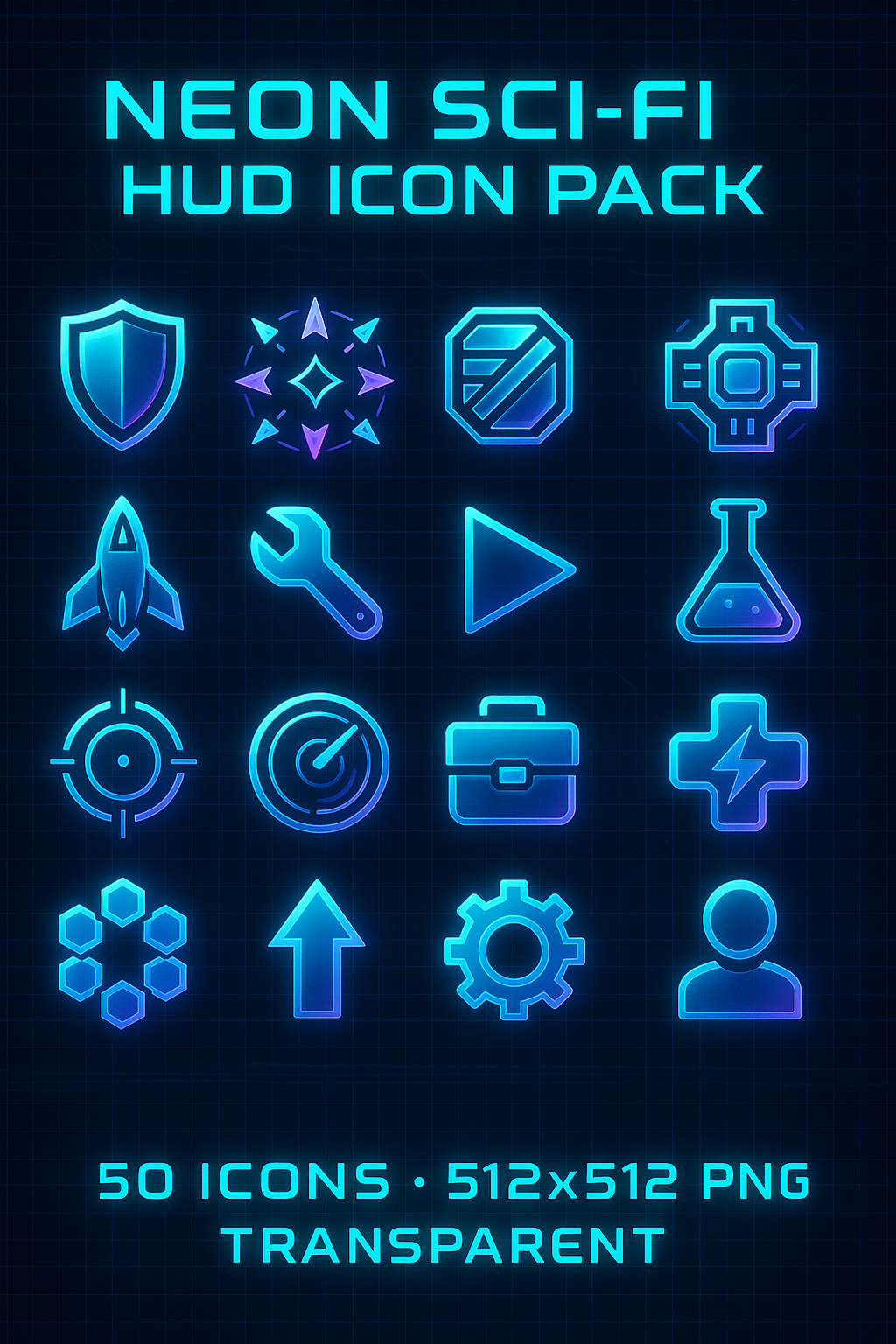 Neon Sci-Fi HUD Icon Pack — 50 Premium Futuristic UI Icons (512×512 PNG) by ExcaliburDad