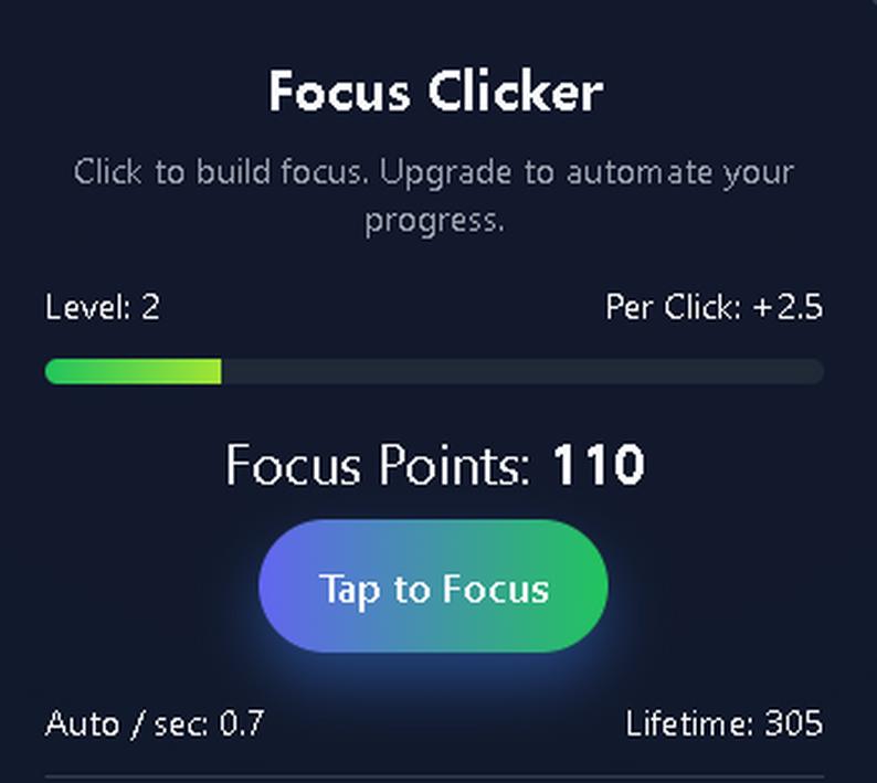 HTML5 Focus Clicker System – Active Play Idle Mechanic by Template Foundry