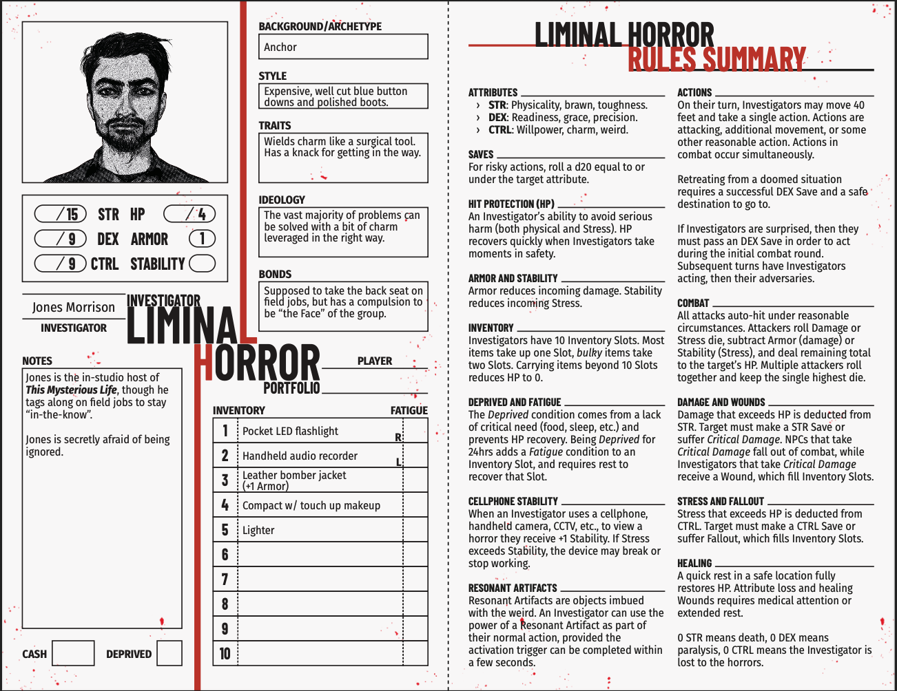 Liminal Horror Character Sheets & Pregens by Goblin Archives