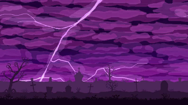 Graveyard night background with lightning over cemetery by Myaumya