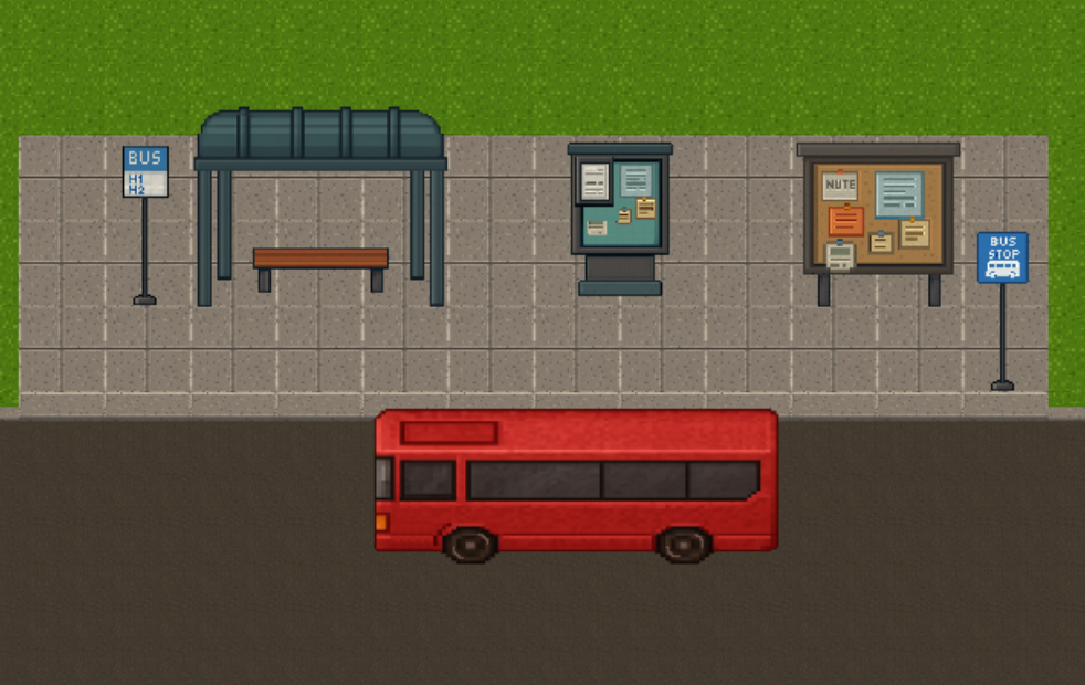 US City – Bus Stop & City Buses (Animated) (48×48, RPG Maker) by KiDD50