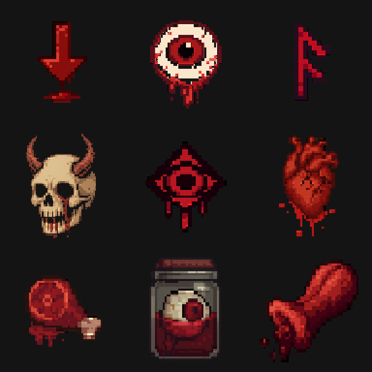 Pixel Horror Icons Pack – 26 Gore, Skulls, Eyes & Symbols (64×64 & 128× ...
