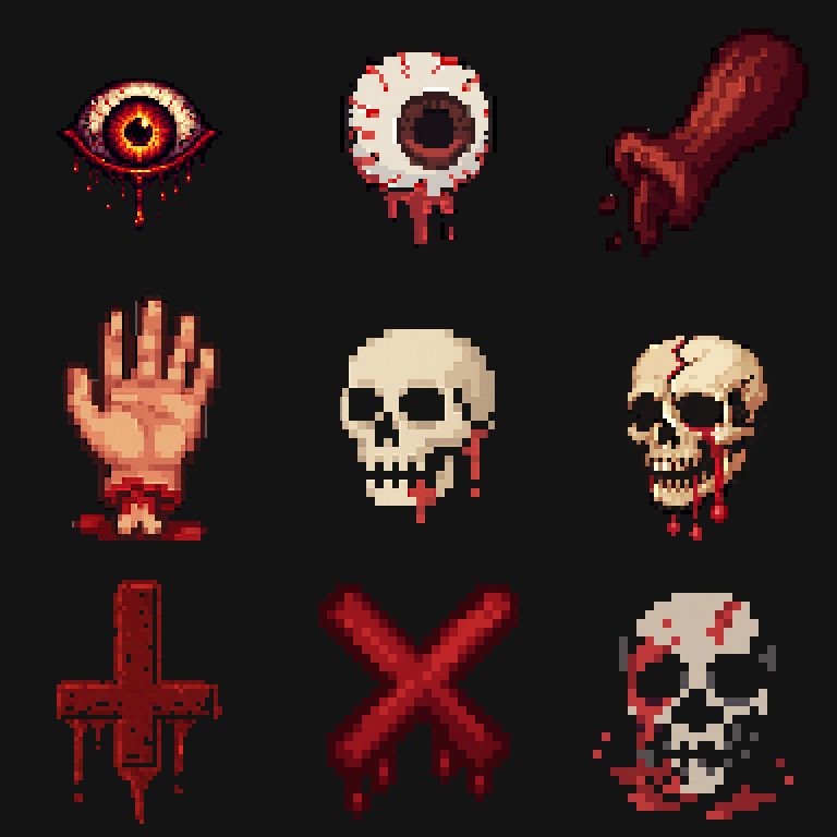 26 Pixel Horror Icons Pack – Gore, Skulls, Eyes & Symbols (64×64 & 128× ...