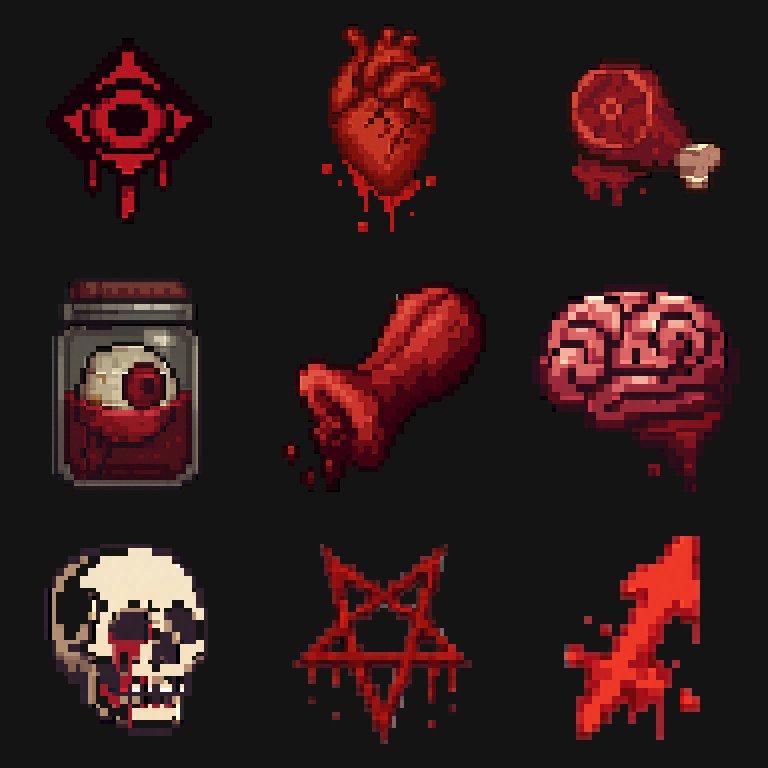 26 Pixel Horror Icons Pack – Gore, Skulls, Eyes & Symbols (64×64 & 128× ...
