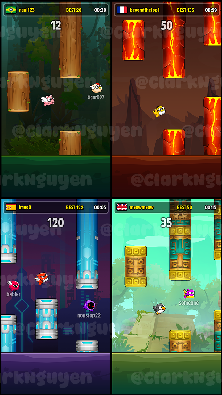 Flappy Bird Game Assets Pack – 35 Birds & 8 Backgrounds by Clark Art