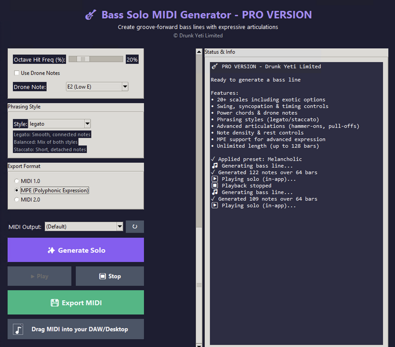 Bass Solo MIDI Generator by Drunk Yeti
