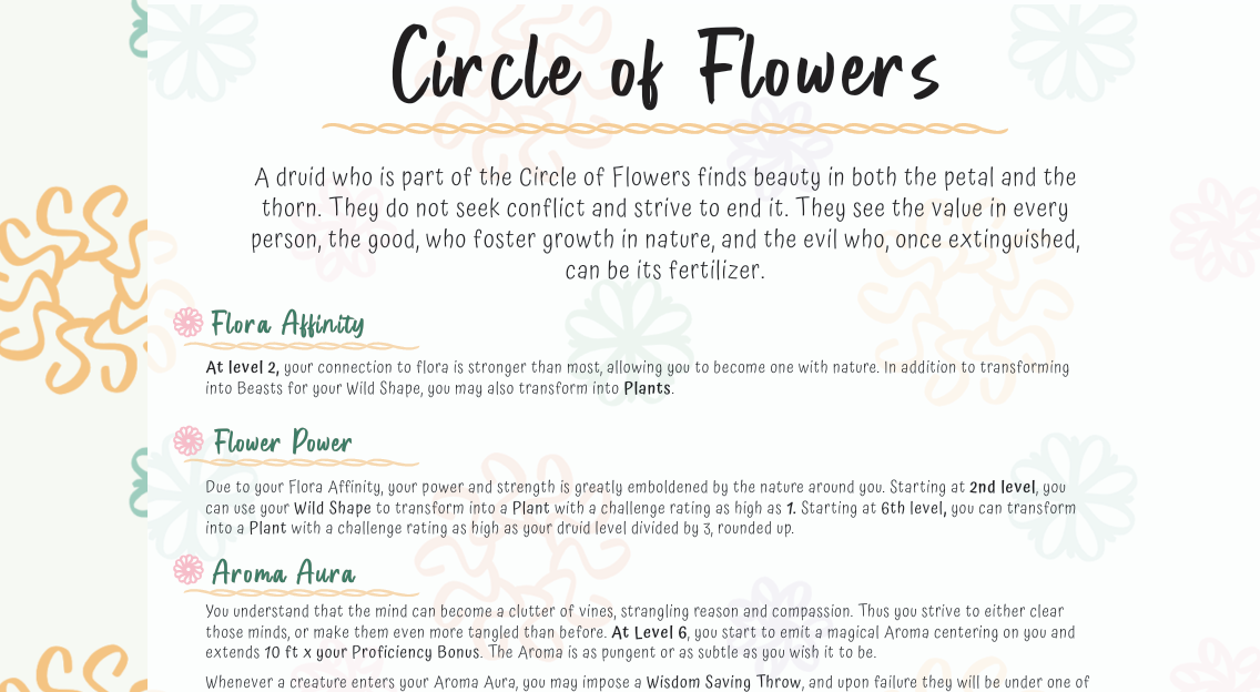 Circle of Flowers | Druid Subclass | D&D 5e by Lady Julz