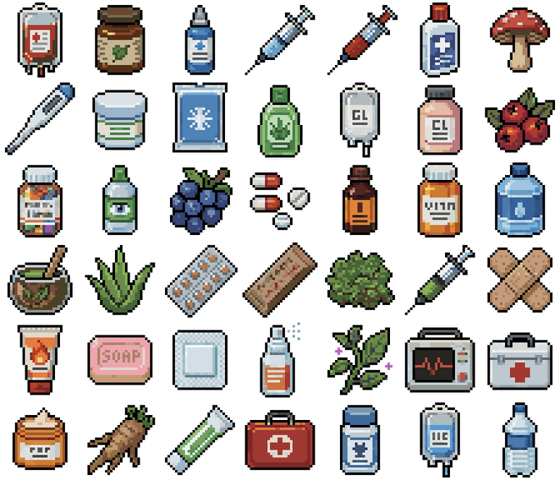 Survival Medicines Icons Pixel Art by Pixel-Banner