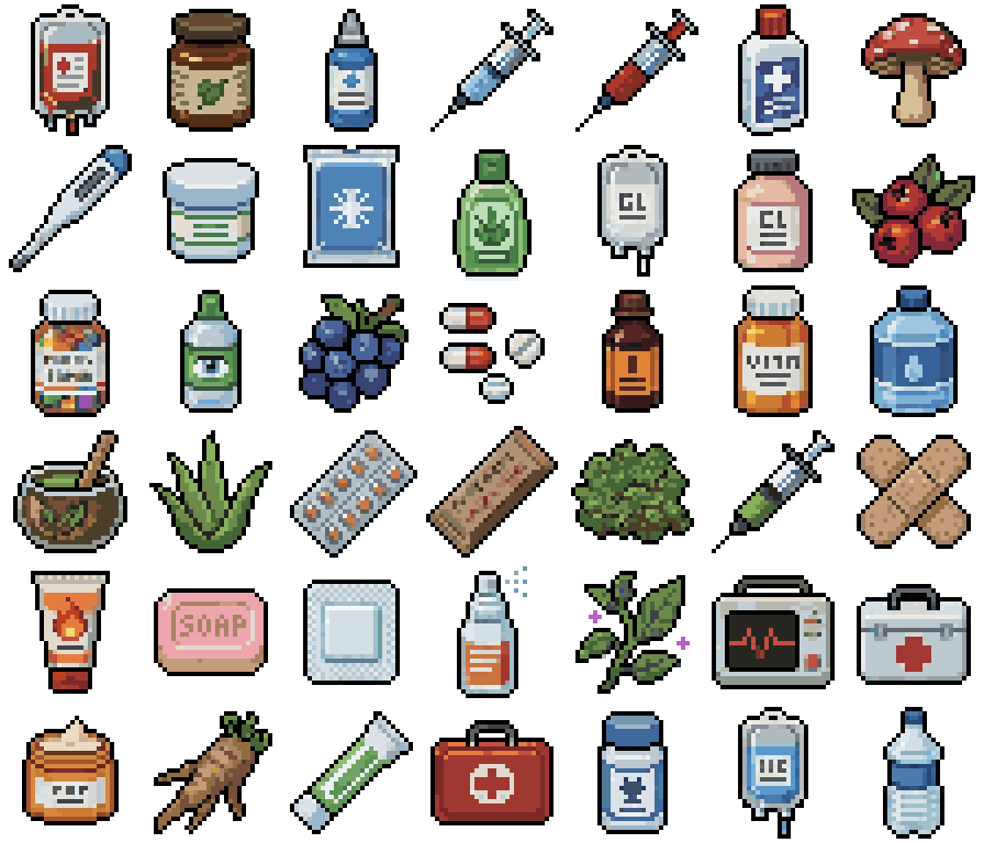 Survival Medicines Icons Pixel Art by Pixel-Banner