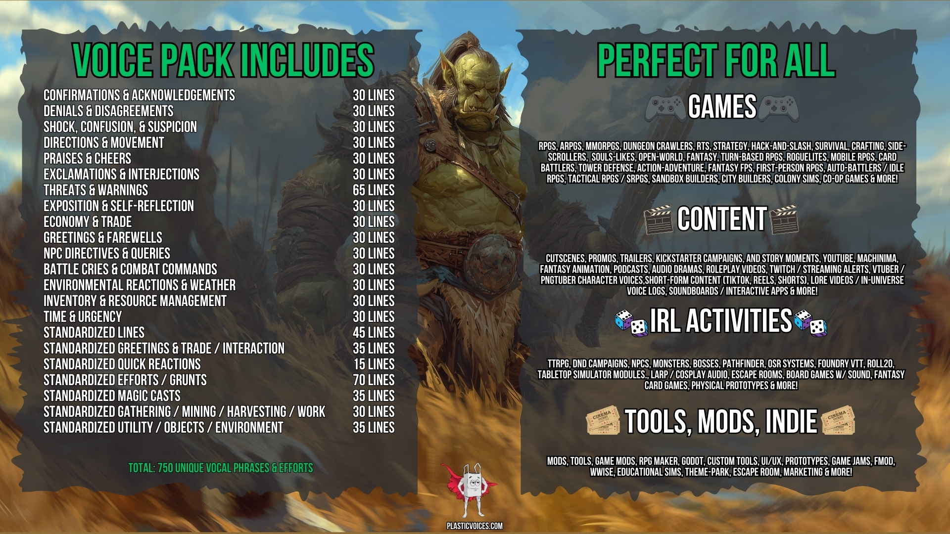 ORC VOICE PACK | 750 Phrases & Efforts | PRIME SERIES 1/7 by Plastic Voices