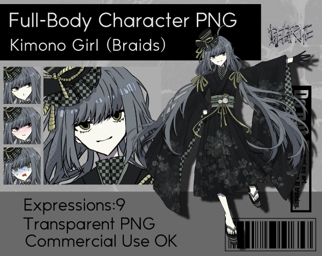 TTRPG/VTT Full-Body Character PNG – Kimono Girl with Braids ...