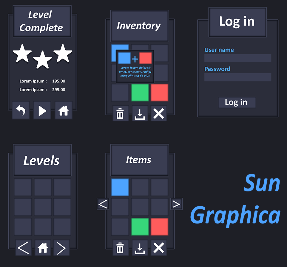 Modern and minimal game UI kit + 260 Icons by SunGraphica