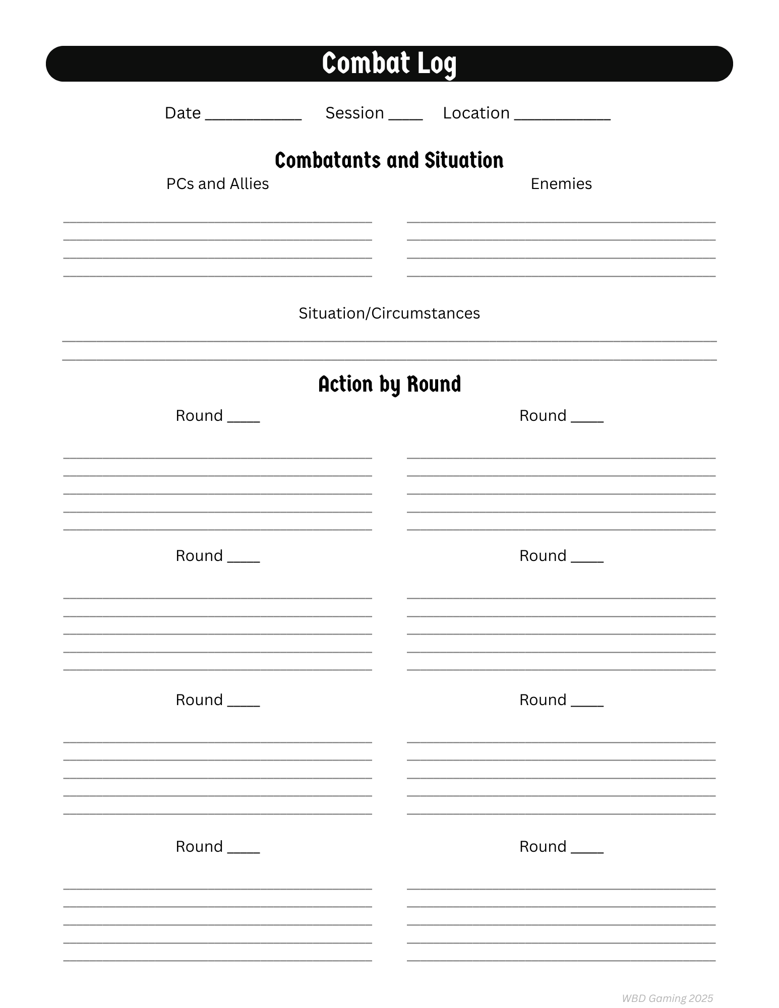Solo RPG Record Sheets by WBD Gaming