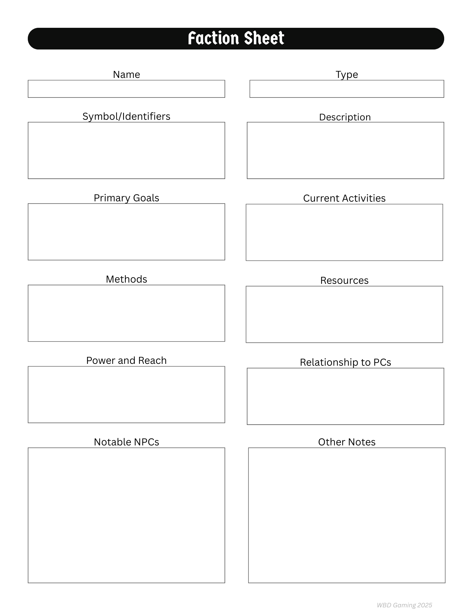 Solo RPG Record Sheets by WBD Gaming