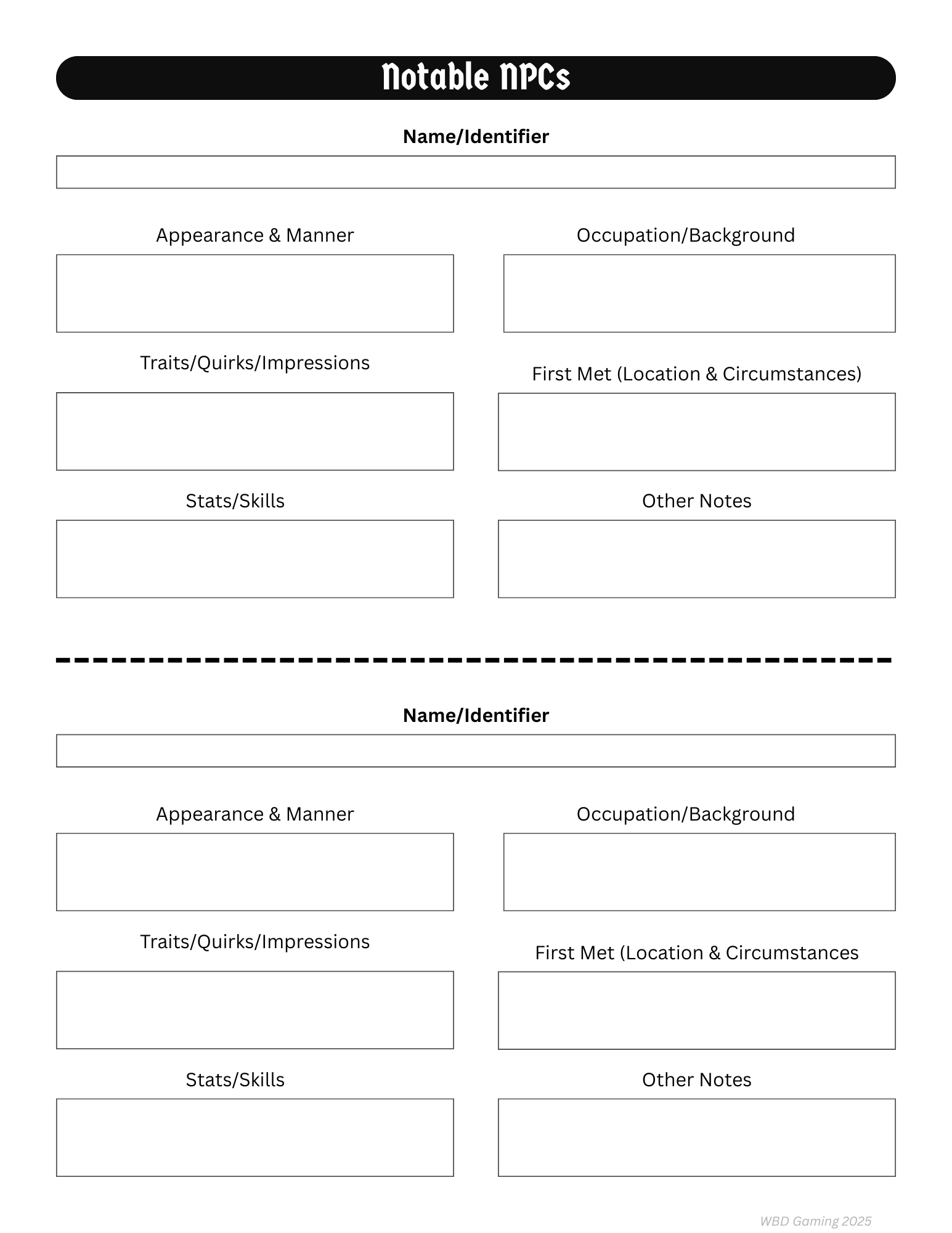 Solo RPG Record Sheets by WBD Gaming