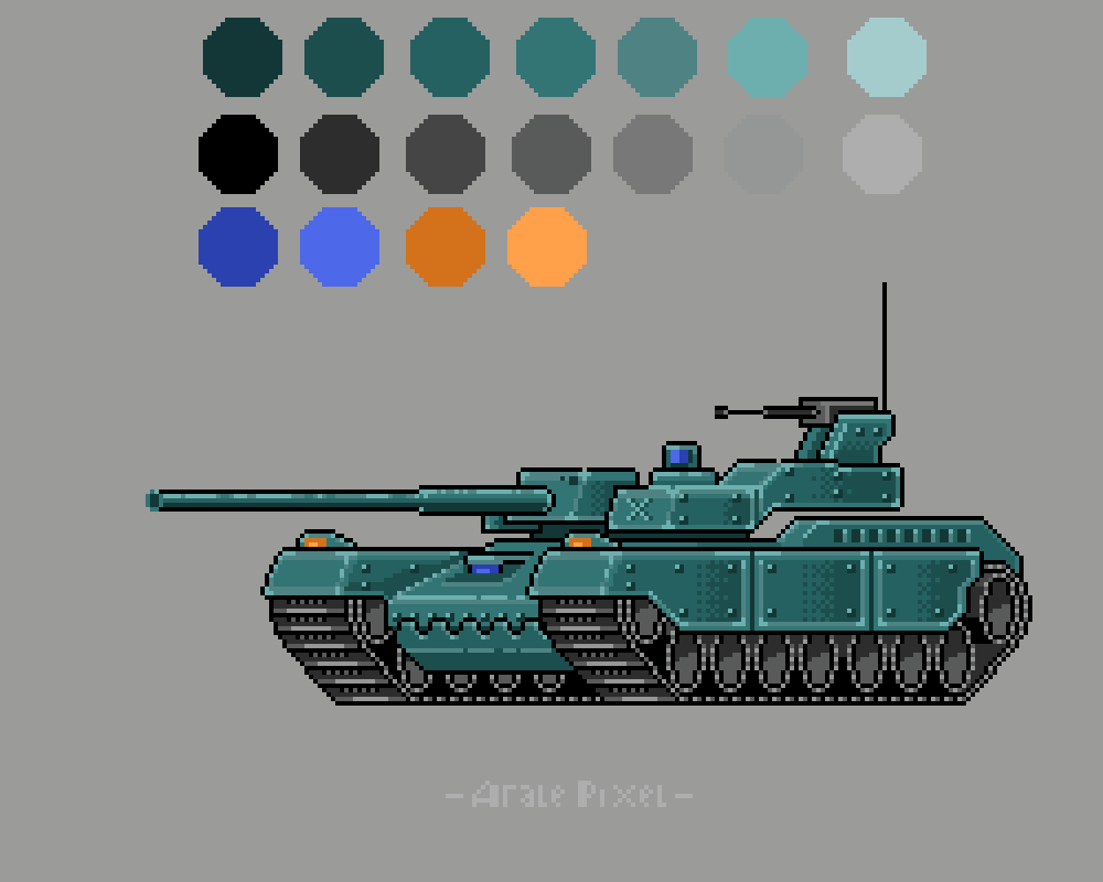 Turquoise Hound animated pixel art tank shoots and walks. by Aralepixel