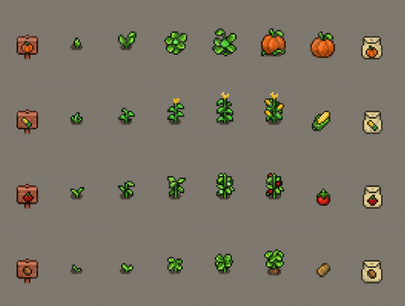 Farm Crops Pack – 16×16 Pixel Art (Growth Stages + Signs + Seeds) by Maru