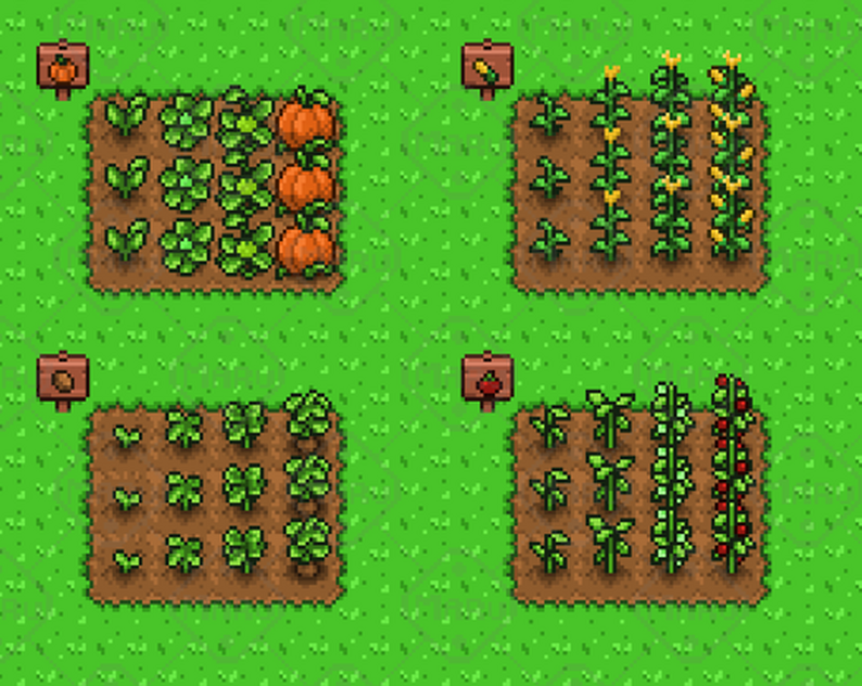 Farm Crops Pack – 16×16 Pixel Art (Growth Stages + Signs + Seeds) by Maru