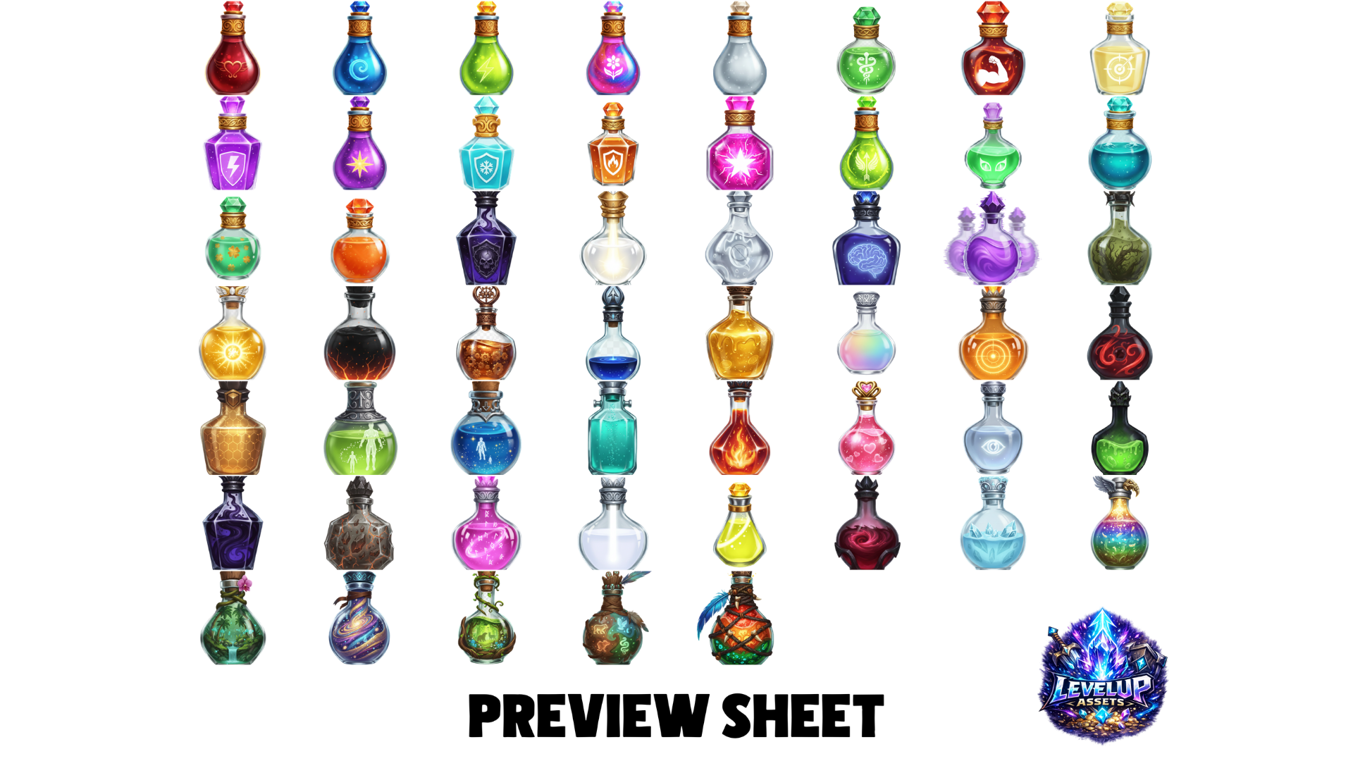 50+ Stylized Fantasy Potion Icons by levelupgameassets