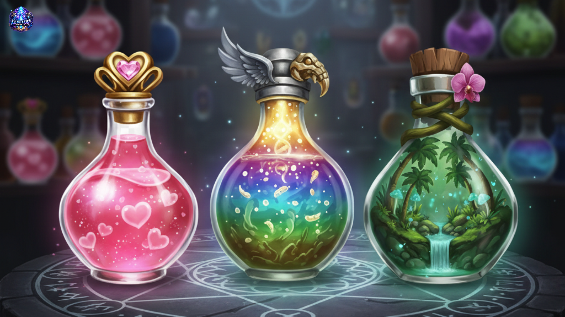 50+ Stylized Fantasy Potion Icons by levelupgameassets