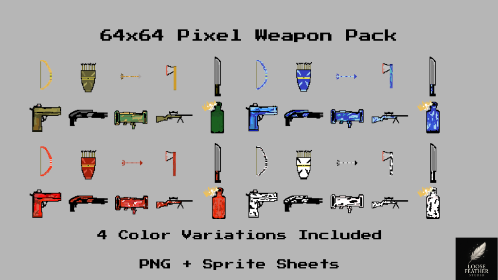 Weapon Sprite Pack - 10 Weapons × 4 Color Variants by Loose Feather Studio