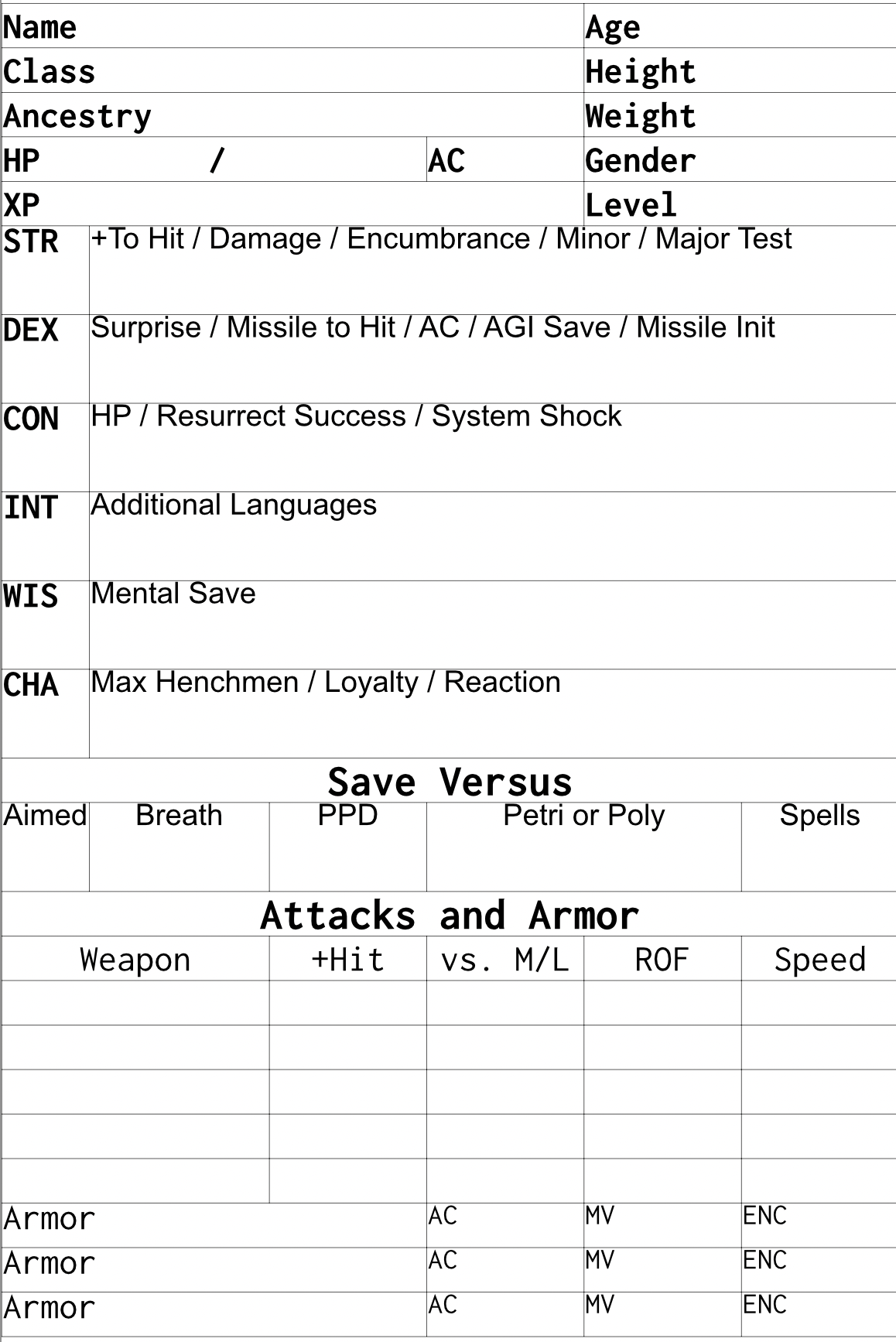 OSRIC 3 4x6 Character Sheet by Cody
