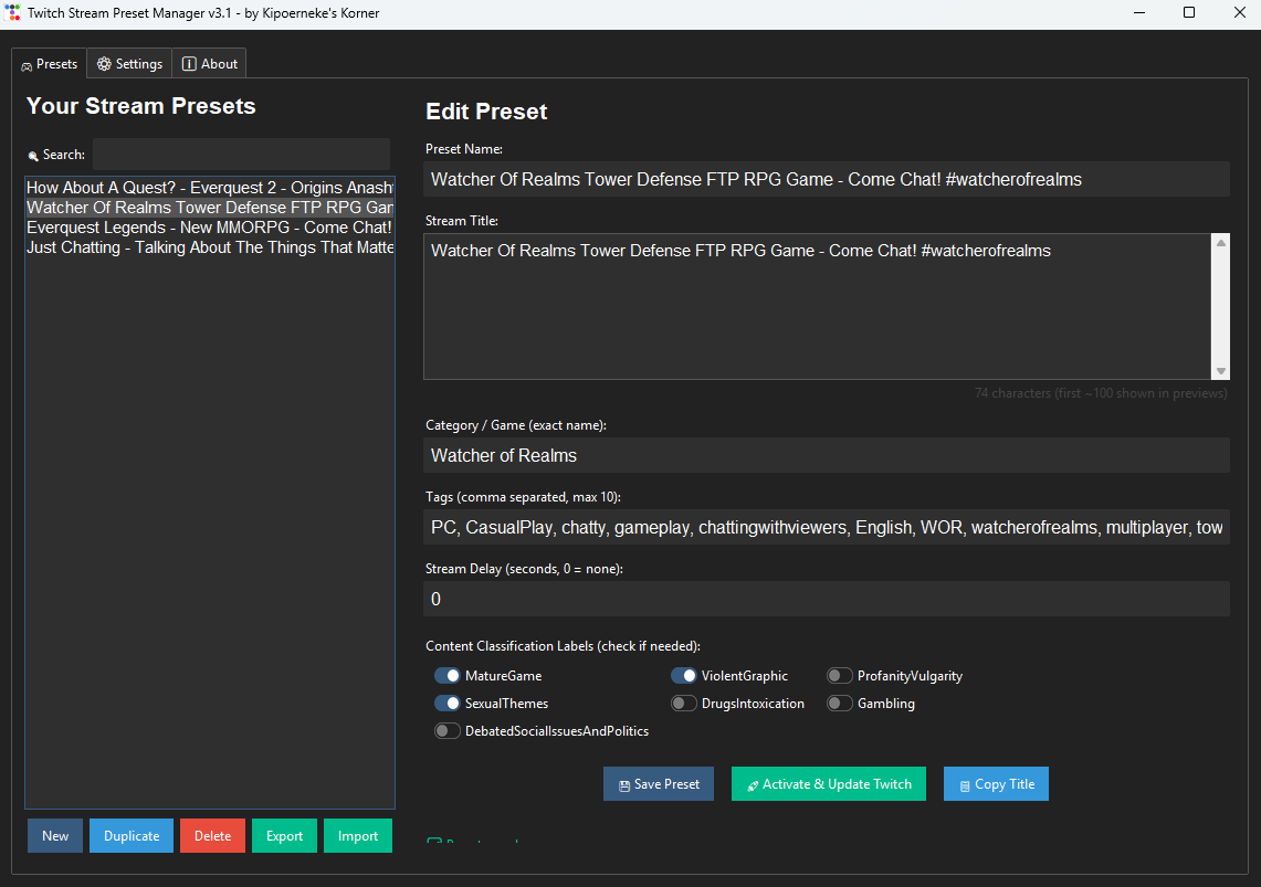 Twitch Presets Stream Manager by Kipoerneke's Korner